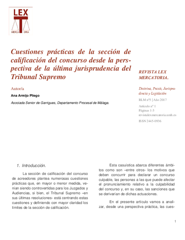 (PDF) Cuestiones prácticas de la sección de calificación del concurso desde la perspectiva de la ...