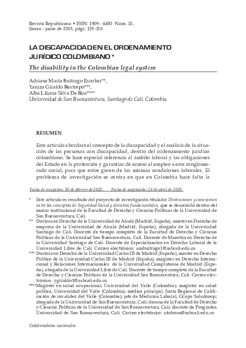 (PDF) LA DISCAPACIDAD EN EL ORDENAMIENTO JURÍDICO COLOMBIANO* The ...