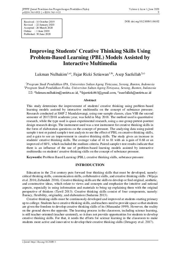 (PDF) Improving Students' Creative Thinking Skills Using Problem-Based Learning (PBL) Models ...