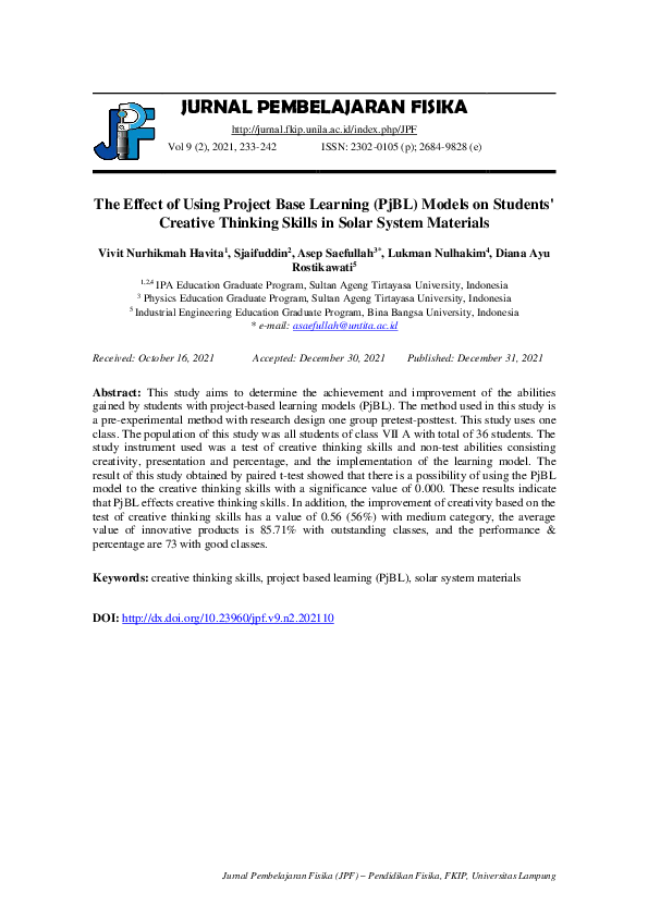 (PDF) The Effect of Using Project Base Learning (PjBL) Models on ...
