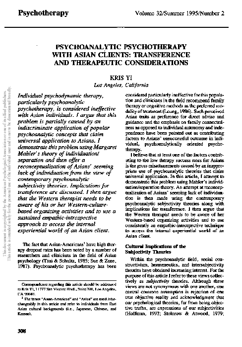(PDF) Psychoanalytic psychotherapy with Asian clients: Transference and therapeutic considerations
