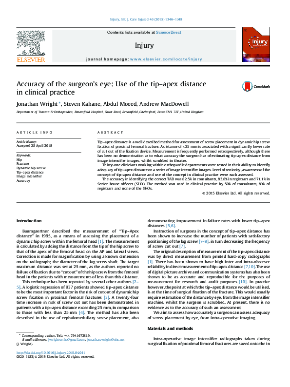 (PDF) Accuracy of the surgeon's eye: Use of the tip–apex distance in ...
