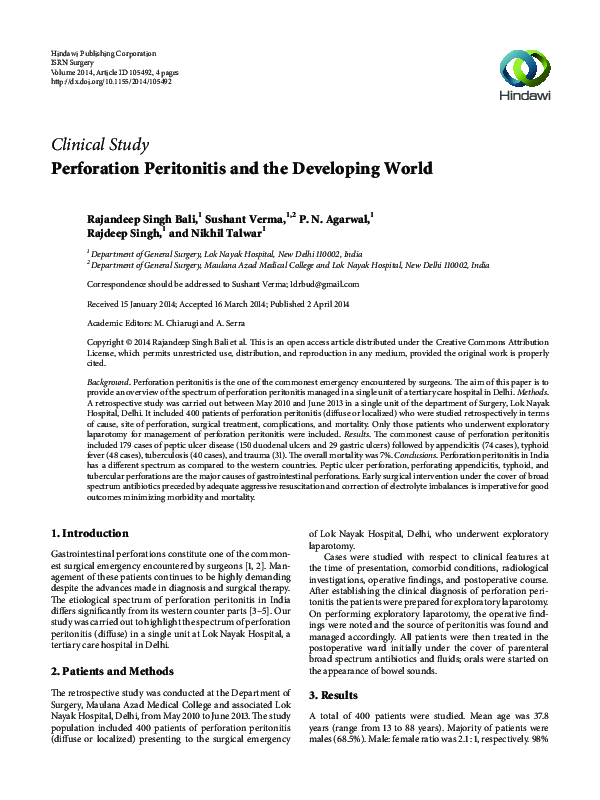 (PDF) Perforation Peritonitis and the Developing World