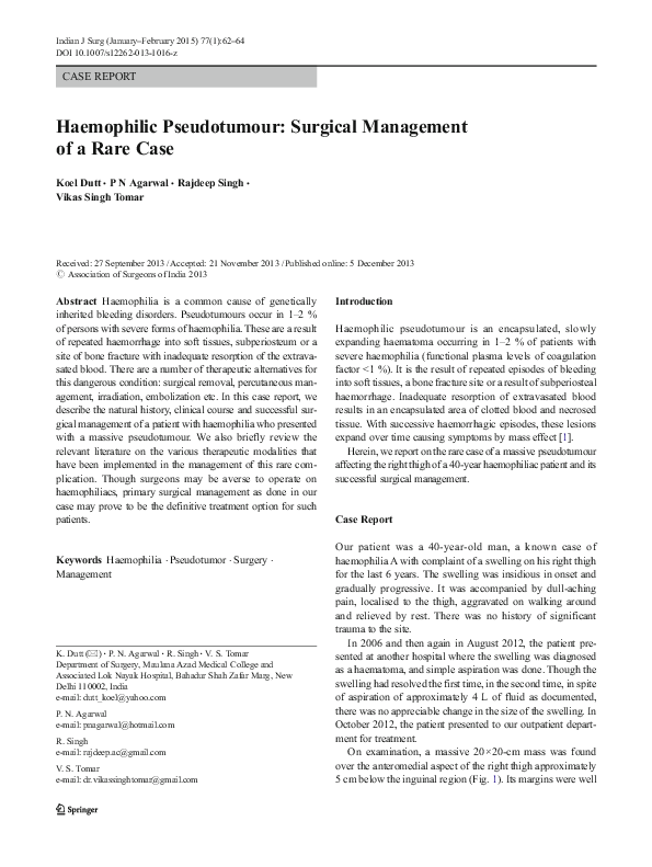 (PDF) Haemophilic Pseudotumour: Surgical Management of a Rare Case