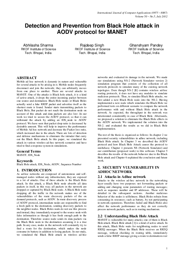 Pdf Detection And Prevention From Black Hole Attack In Aodv Protocol For Manet