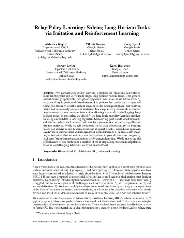 (PDF) Relay Policy Learning: Solving Long-Horizon Tasks via Imitation and Reinforcement Learning