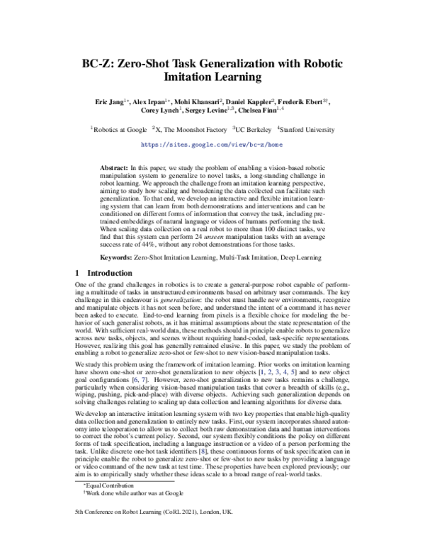 (PDF) BC-Z: Zero-Shot Task Generalization with Robotic Imitation Learning