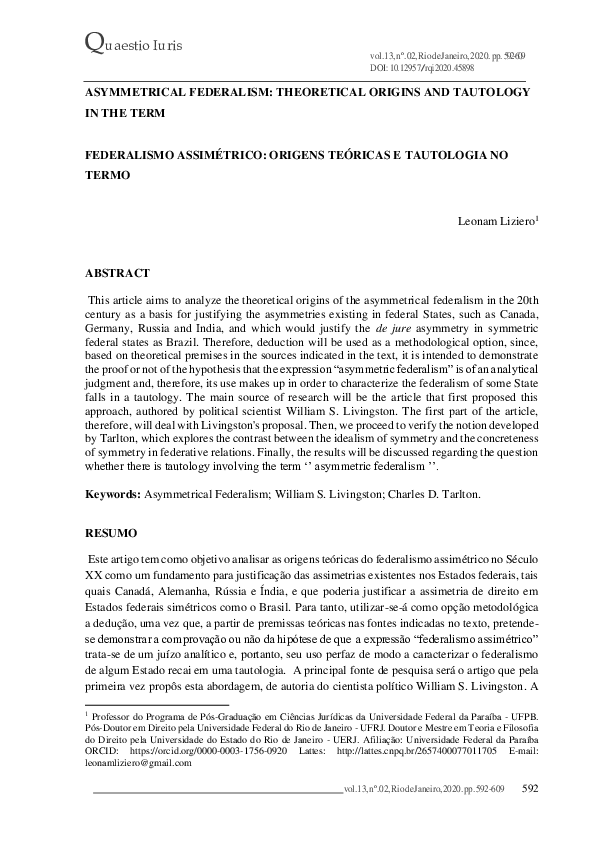(PDF) Asymetrical federalism: theoretical origins and tautology in the term