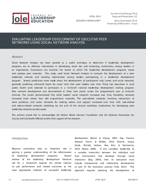 (PDF) Evaluating Leadership Development of Executive Peer Networks Using Social Network Analysis
