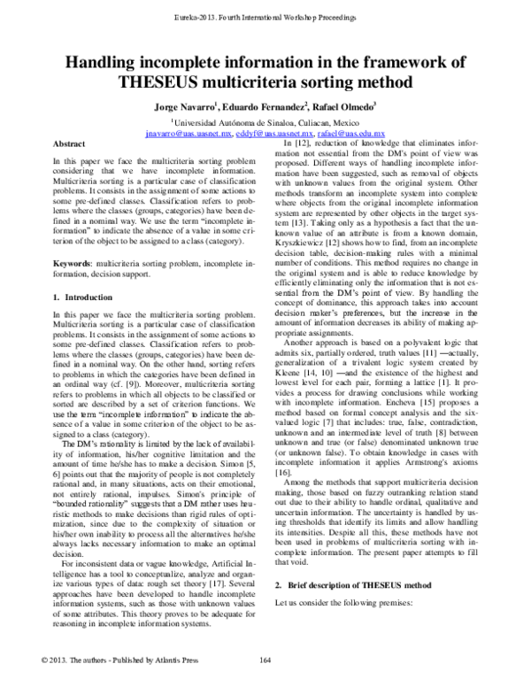 Pdf Handling Incomplete Information In The Framework Of Theseus Multicriteria Sorting Method