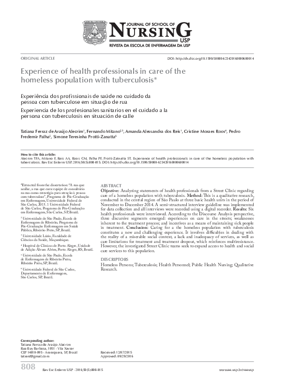 (PDF) Experience of health professionals in care of the homeless ...