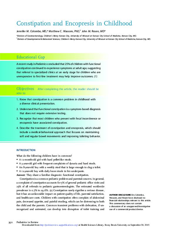 (PDF) Constipation and Encopresis in Childhood