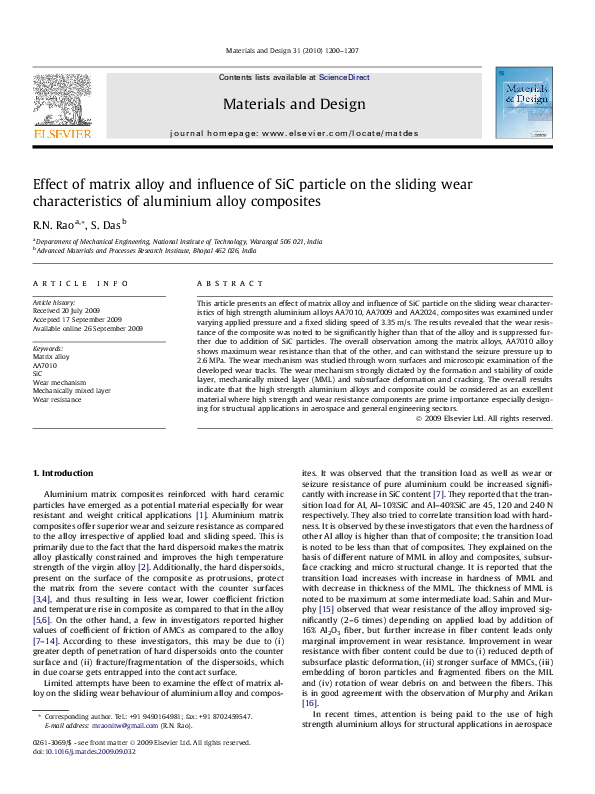Pdf Effect Of Matrix Alloy And Influence Of Sic Particle On The Sliding Wear Characteristics