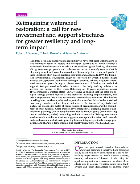 (PDF) Reimagining watershed restoration: a call for new investment and ...
