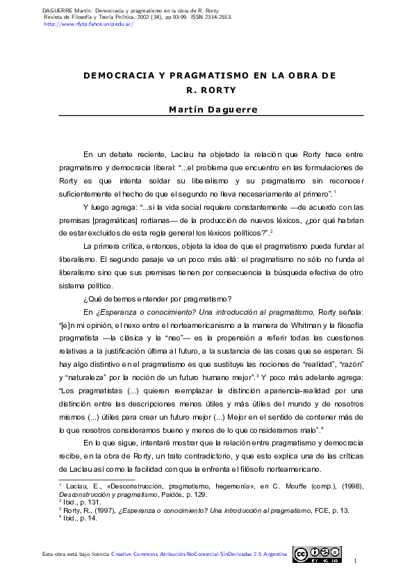 (PDF) Democracia y pragmatismo en la obra de R. Rorty