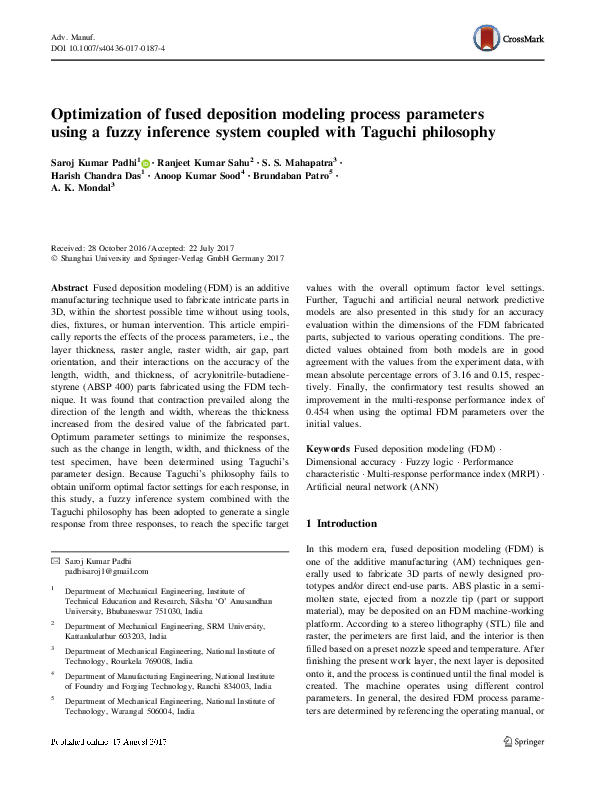 (PDF) Optimization of fused deposition modeling process parameters: a review of current research ...