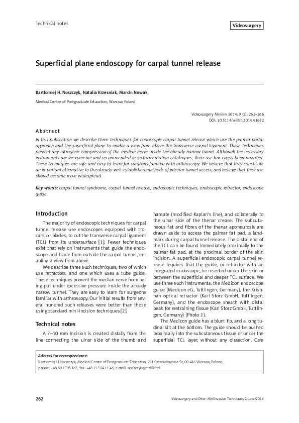 (PDF) Technical notes Superficial plane endoscopy for carpal tunnel release