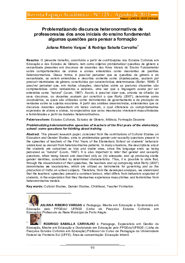 (PDF) Problematizando discursos heteronormativos de professores/as dos anos iniciais do ensino ...