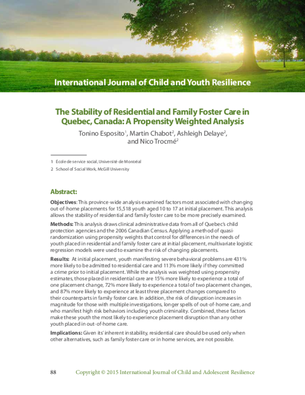 (PDF) The Stability of Residential and Family Foster Care in Quebec, Canada: A Propensity ...