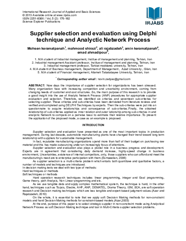 Pdf Supplier Selection And Evaluation Using Delphi Technique And