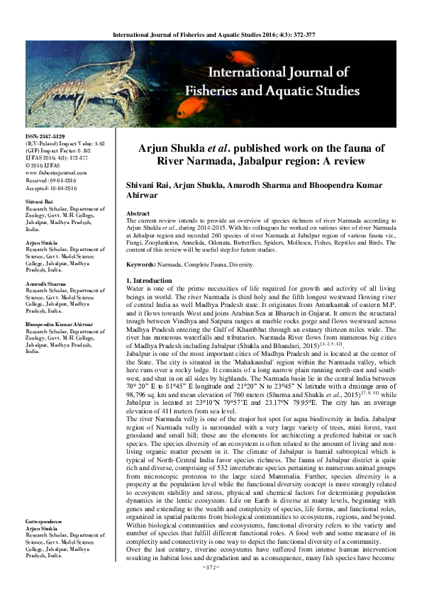 (PDF) Arjun Shukla et al. published work on the fauna of River Narmada ...