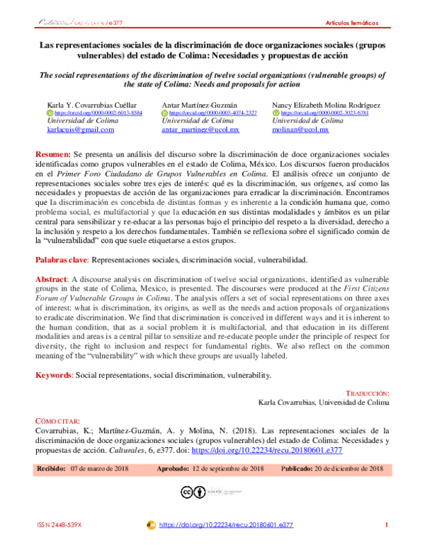 (PDF) Las representaciones sociales de la discriminación de doce organizaciones sociales (grupos ...