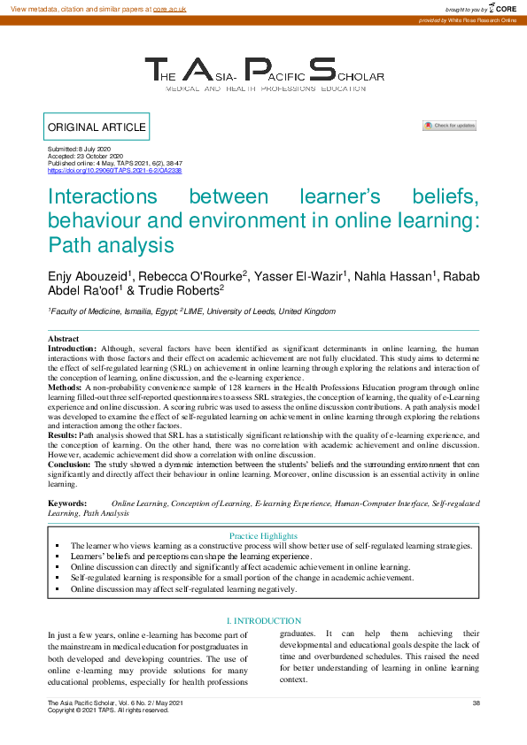 (PDF) Interactions between learner’s beliefs, behaviour and environment ...