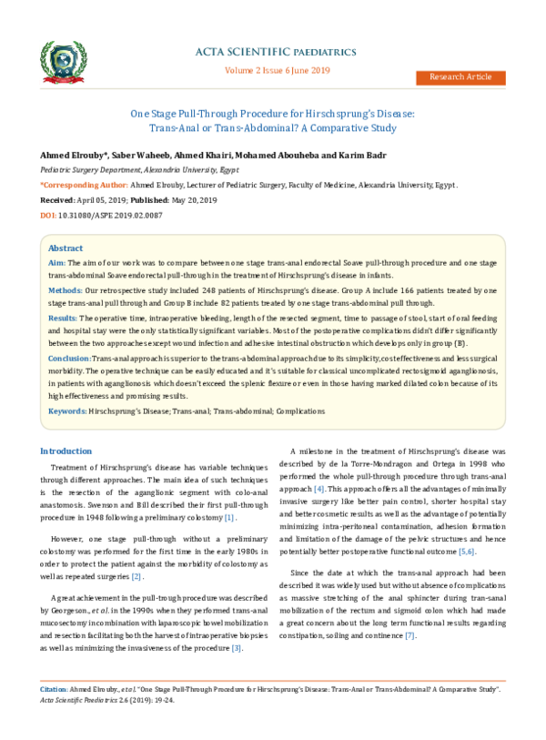 (PDF) One Stage Pull-Through Procedure for Hirschsprung’s Disease: Trans-Anal or Trans-Abdominal ...