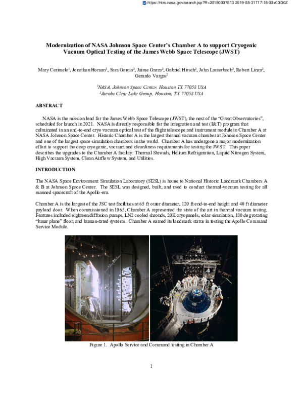 (PDF) Modernization of NASA Johnson Space Center’s Chamber A to support ...