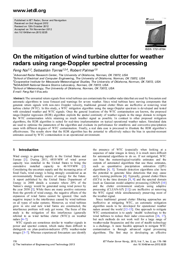 (PDF) On the mitigation of wind turbine clutter for weather radars using range-Doppler spectral ...