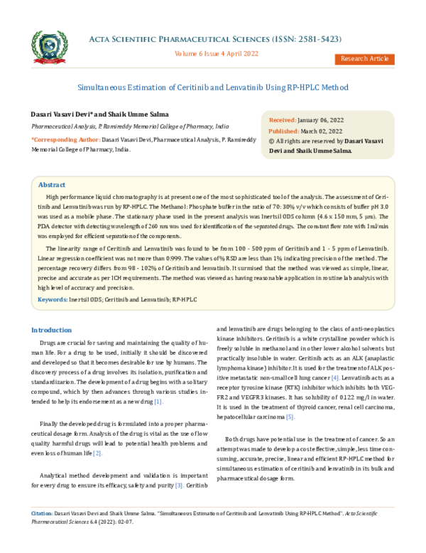 Pdf Simultaneous Estimation Of Ceritinib And Lenvatinib Using Rp Hplc Method