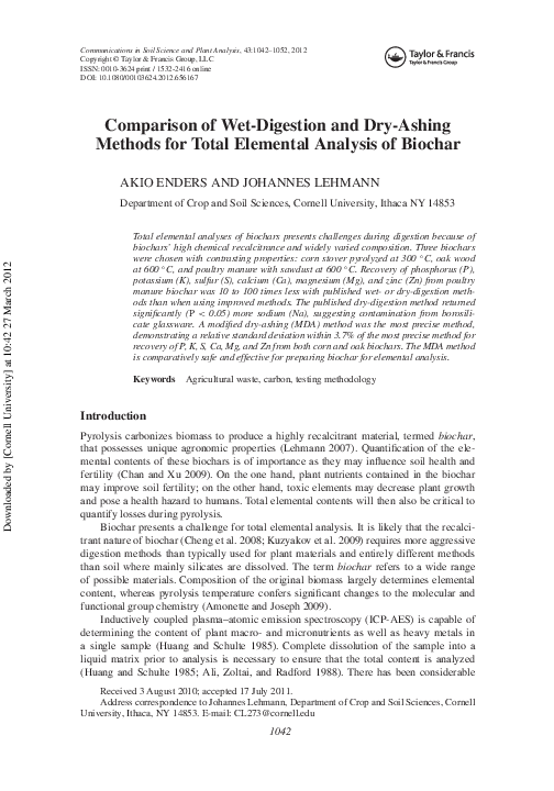 (PDF) Comparison of Wet-Digestion and Dry-Ashing Methods for Total ...