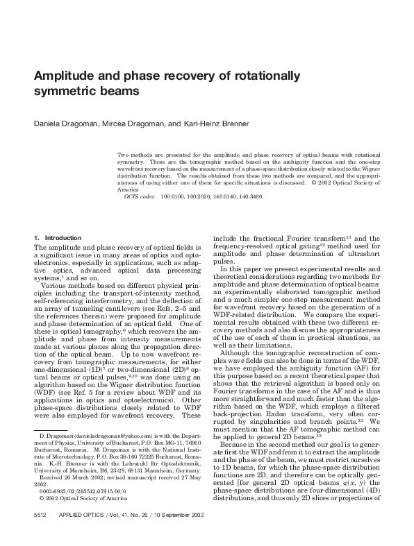 (PDF) Amplitude and Phase Recovery of Rotationally Symmetric Beams