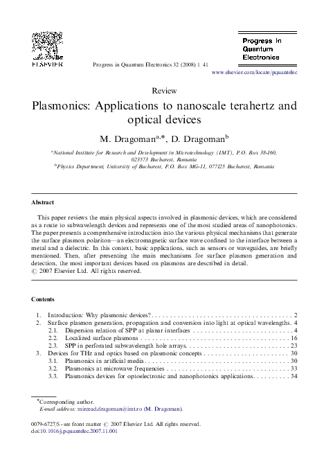 (PDF) Plasmonics: Applications to nanoscale terahertz and optical devices