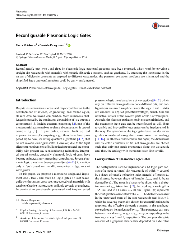 (PDF) Reconfigurable Plasmonic Logic Gates
