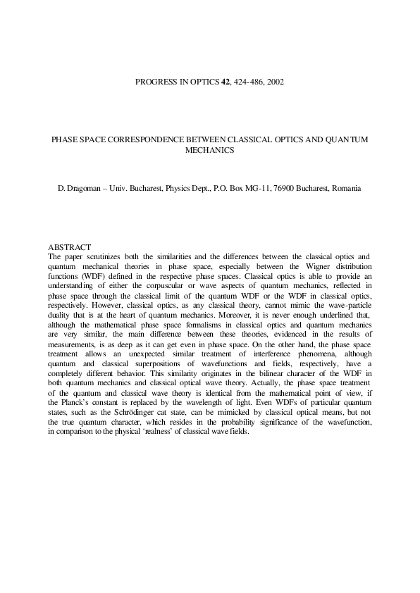 (PDF) Phase space correspondence between classical optics and quantum mechanics