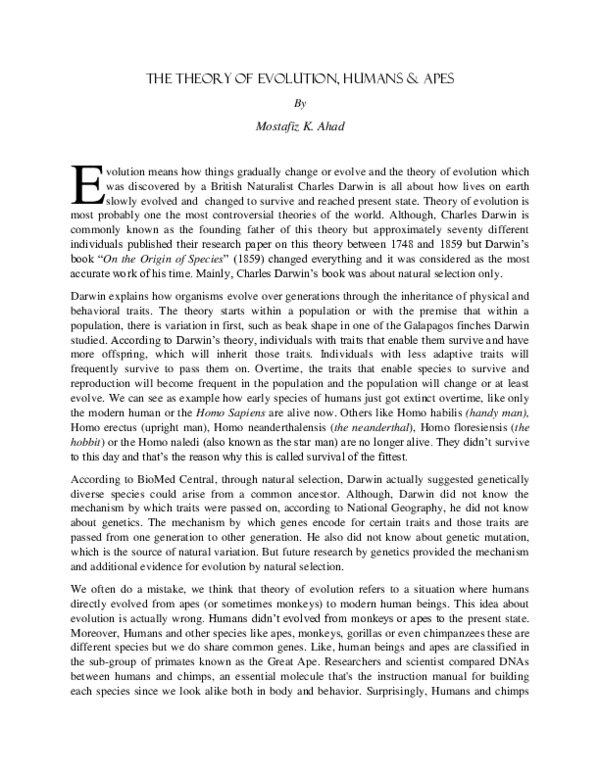 (PDF) The Theory of Evolution, Humans & Apes