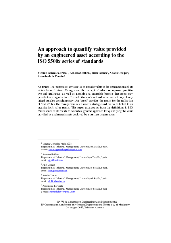 (PDF) An Approach to Quantify Value Provided by an Engineered Asset According to the ISO 5500x ...