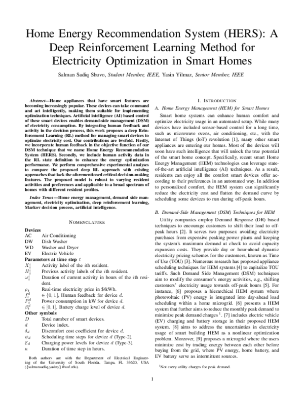 (PDF) Home Energy Recommendation System (HERS): A Deep Reinforcement Learning Method for ...