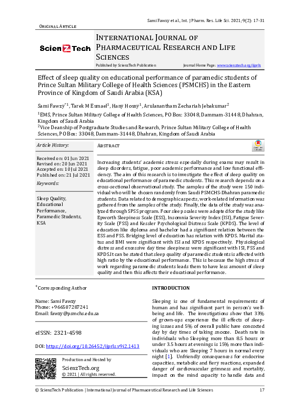 (PDF) Effect of sleep quality on educational performance of paramedic ...