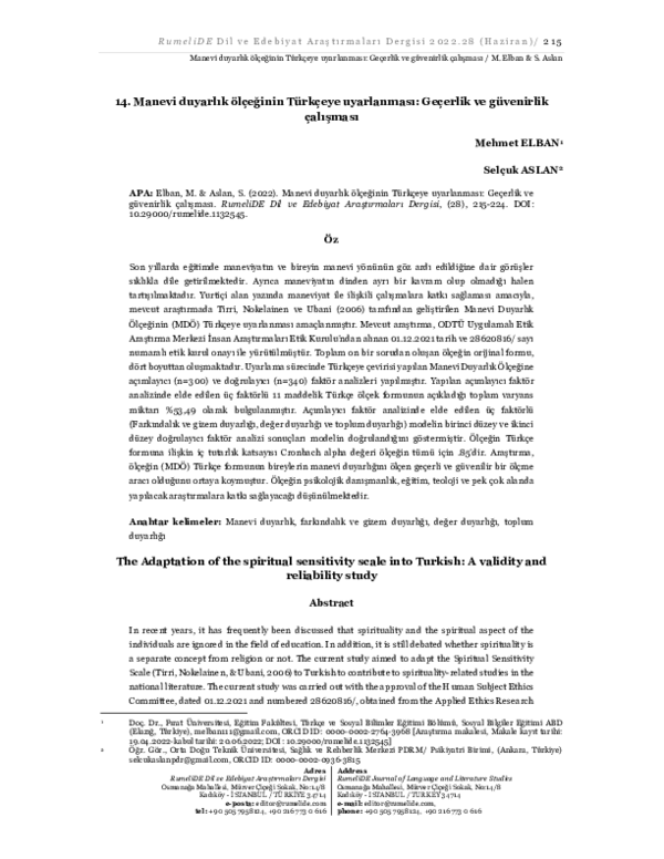 (PDF) The Adaptation of the spiritual sensitivity scale into Turkish: A validity and reliability ...
