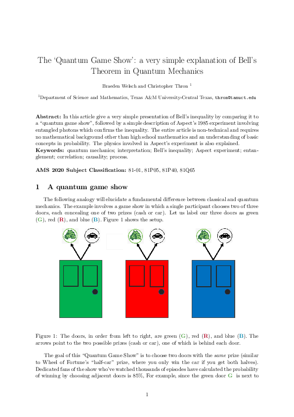 (PDF) The `Quantum Game Show': a very simple explanation of Bell's ...