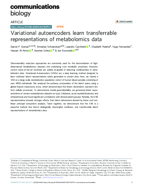 (PDF) Variational autoencoders learn transferrable representations of metabolomics data