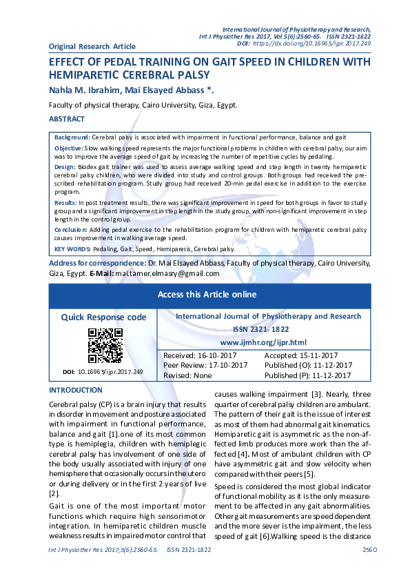 (PDF) Effect of Pedal Training on Gait Speed in Children with Hemiparetic Cerebral Palsy