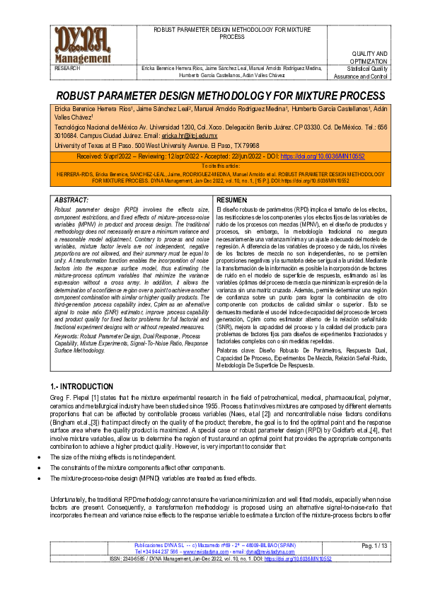(PDF) Robust Parameter Design Methodology for Mixture Process (PDF) Robust Parameter Design Methodology for Mixture Process