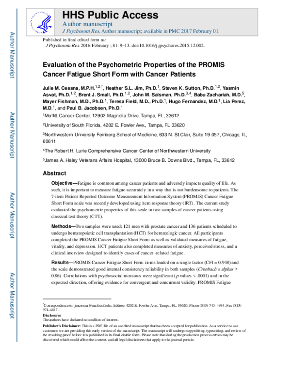 (PDF) Evaluation of the psychometric properties of the PROMIS Cancer ...