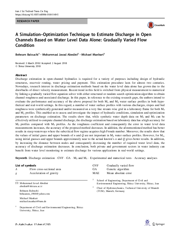 (PDF) A Simulation–Optimization Technique to Estimate Discharge in Open Channels Based on Water ...
