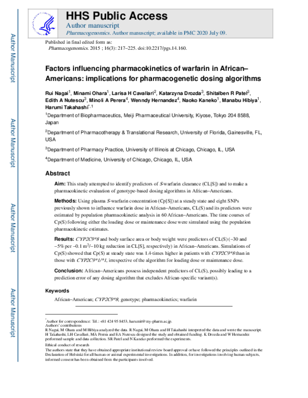 (PDF) Factors influencing pharmacokinetics of warfarin in African–Americans: implications for ...