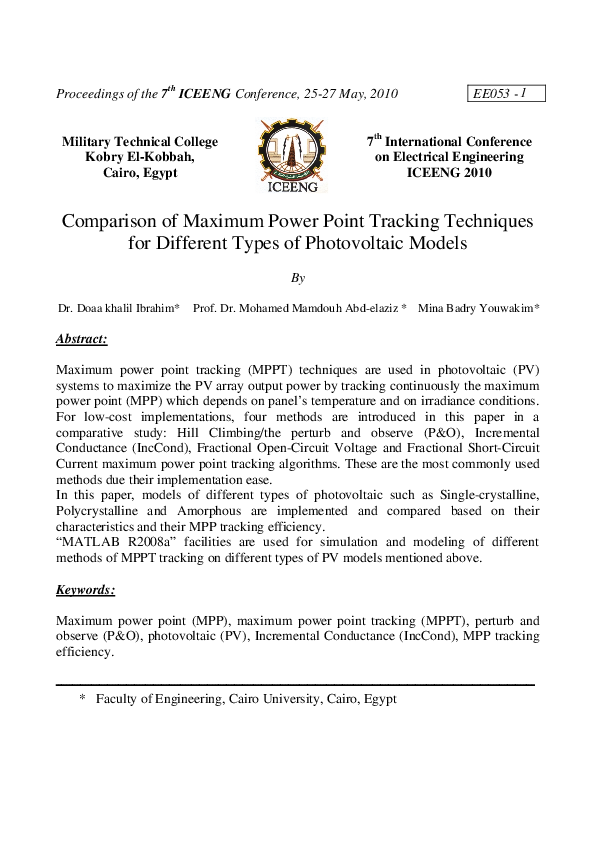 (PDF) Comparison of Maximum Power Point Tracking Techniques for Different Types of Photovoltaic ...