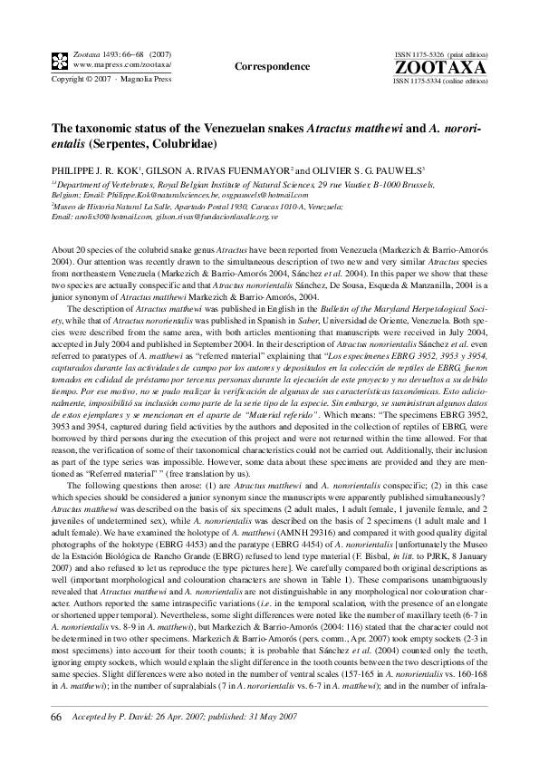 (PDF) The taxonomic status of the Venezuelan snakes Atractus matthewi ...